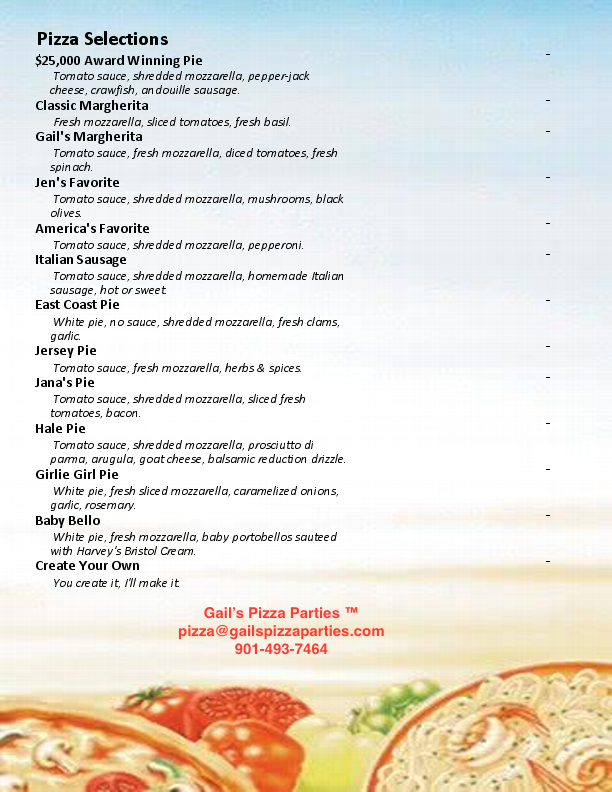 Gails Pizza Party Menu – Gail's Pizza Parties